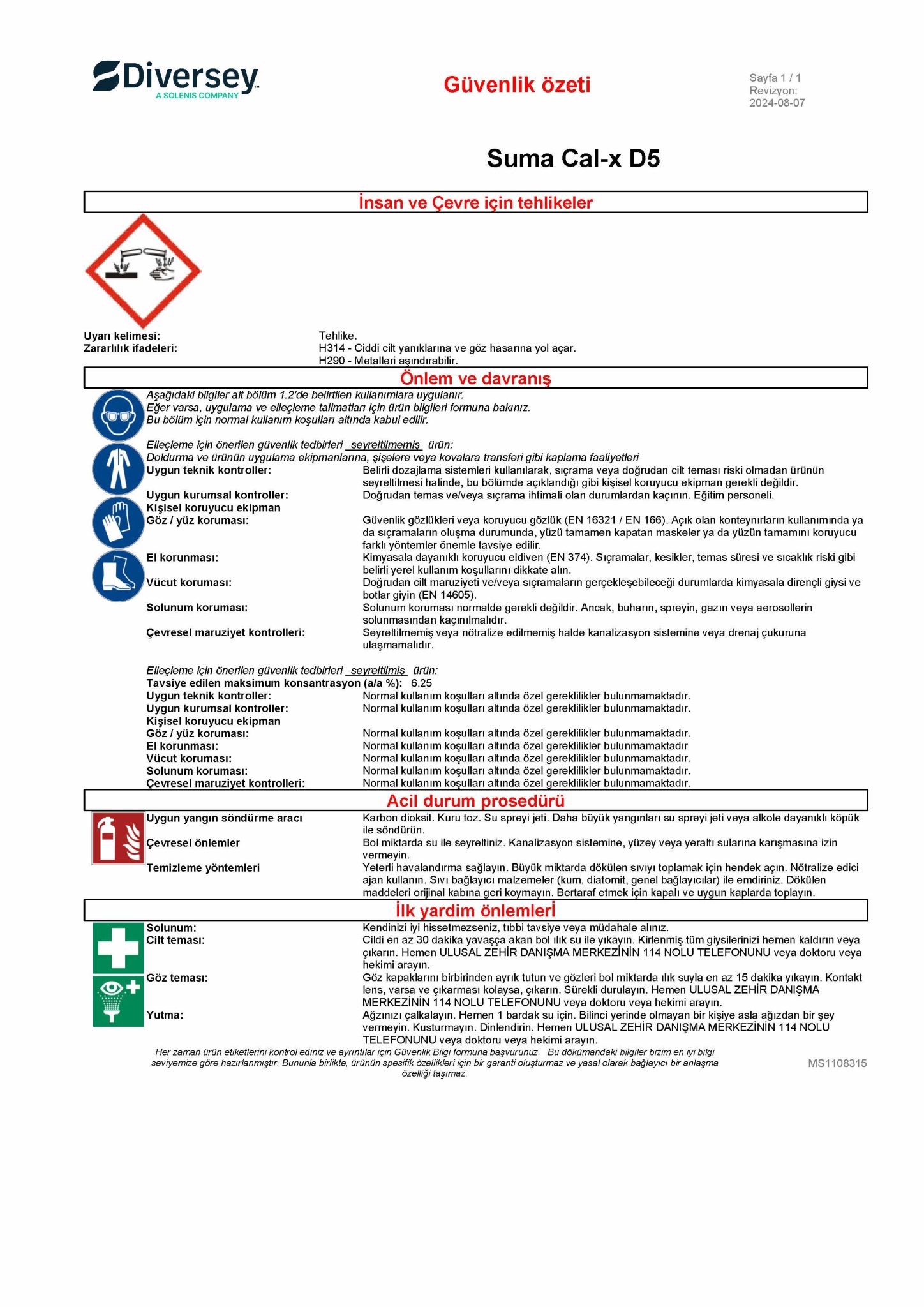 Diversey Suma Cal-X D5 Kireç Çözücü 5 L MSDS Güvenlik Bilgi Formu ve ...